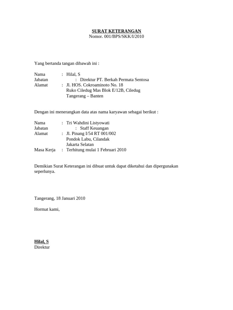 Surat Keterangan Kerja-BPS | PDF