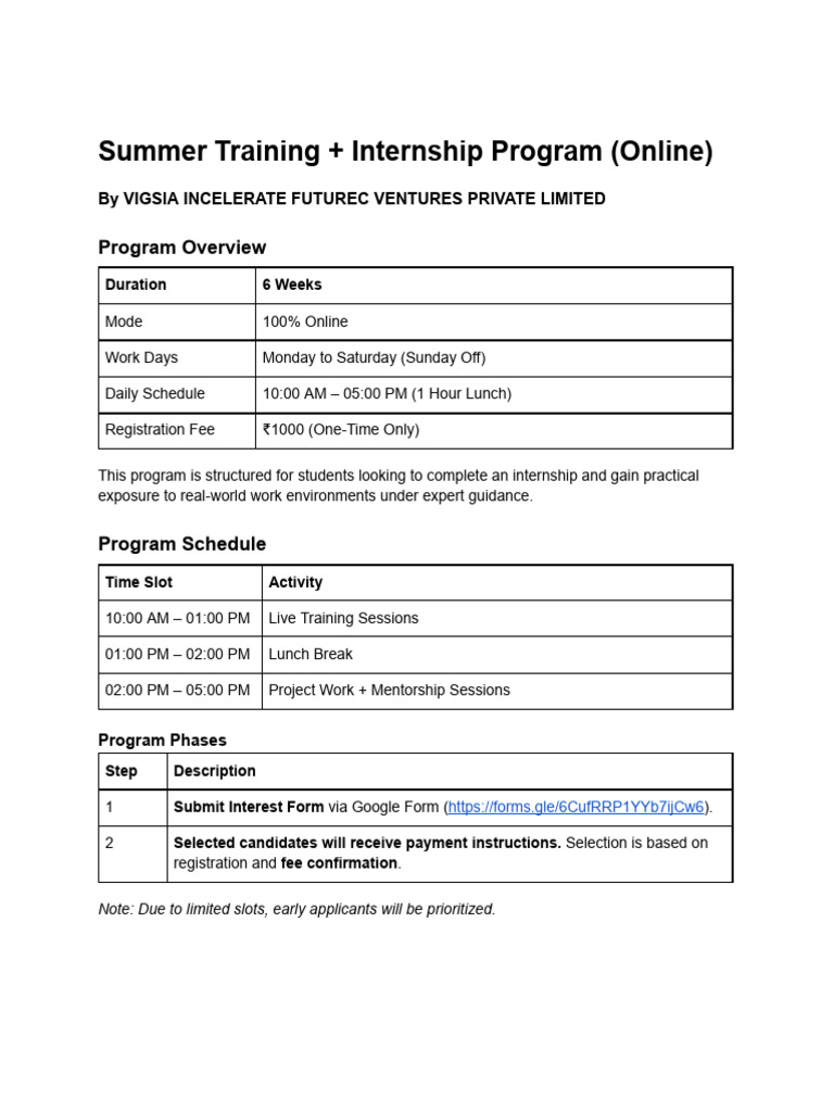 Summer Training + Internship Program (Online) | PDF | Internship | Job ...