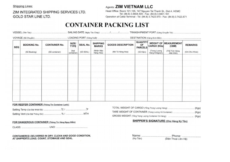 Seadragon Logistics - Container Packing List - Zim | PDF