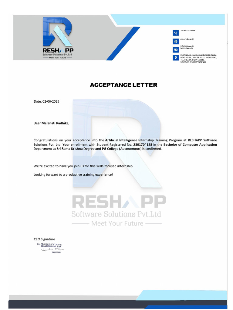 Reshapp Internship Acceptance Letter | PDF