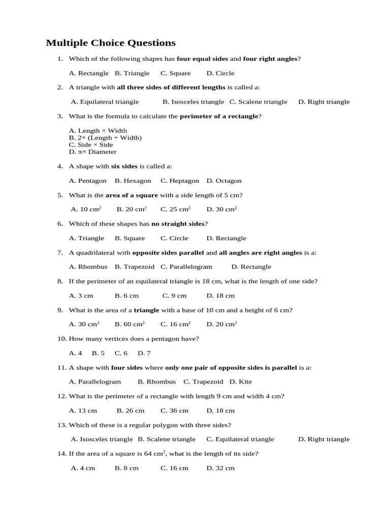 Multiple Choice Questions - Docx 555767 | PDF | Rectangle | Area