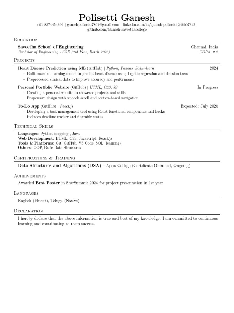 Polisetti Ganesh Resume PDF | PDF