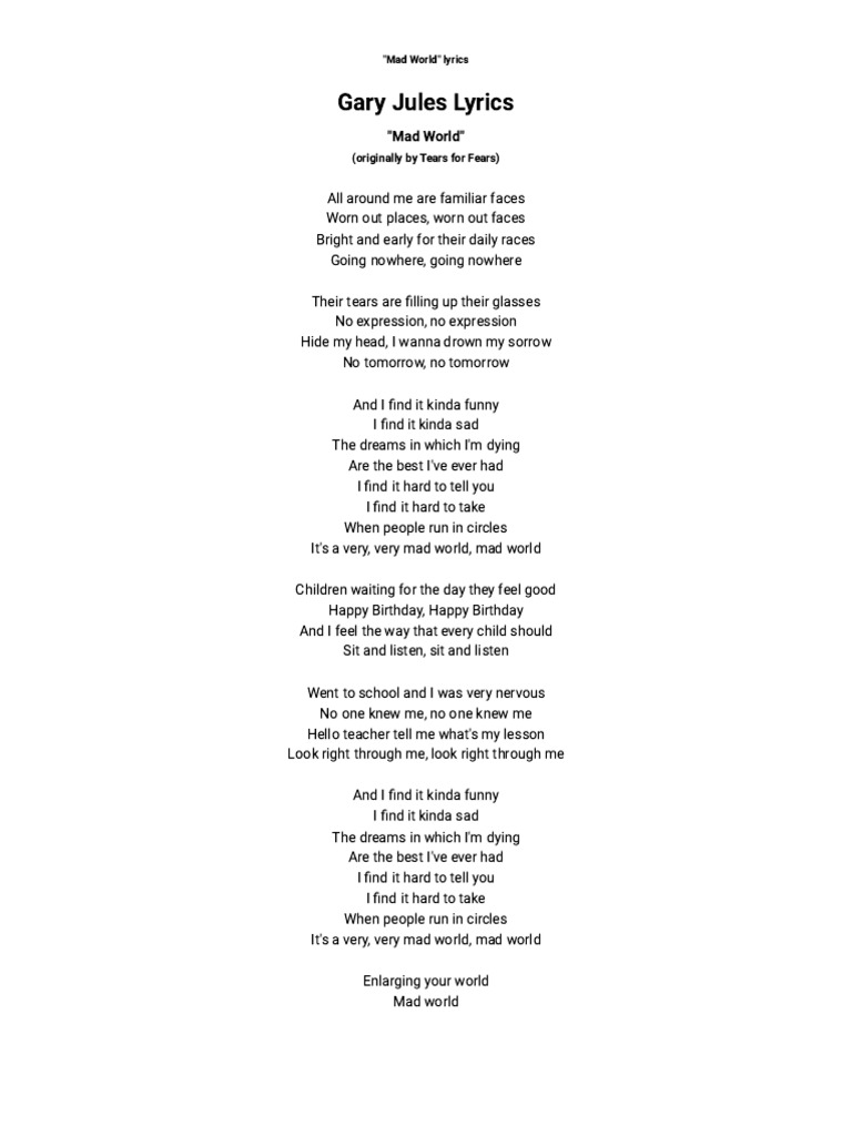 Mad World Lyrics by Gary Jules | PDF