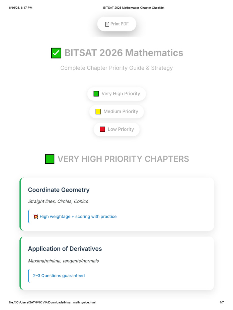 BITSAT 2026 Mathematics Chapter Checklist | PDF | Mathematics | Trigonometric Functions