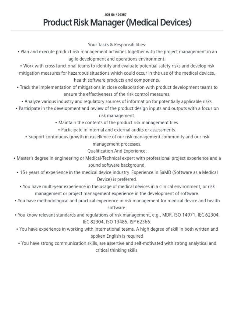 Medical Job at Bangalore | PDF | Risk Management | Medical Device