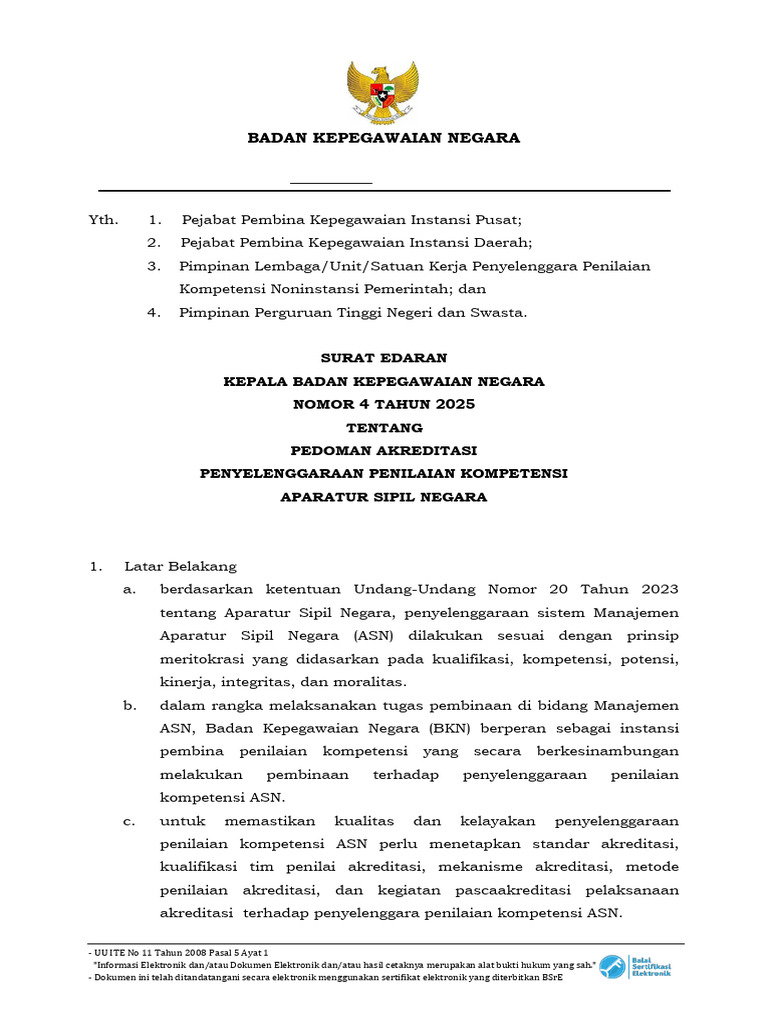 Surat Edaran Kepala BKN Nomor 4 Tahun 2025 Tentang Pedoman Akreditasi Penyelenggaraan Penilaian ...