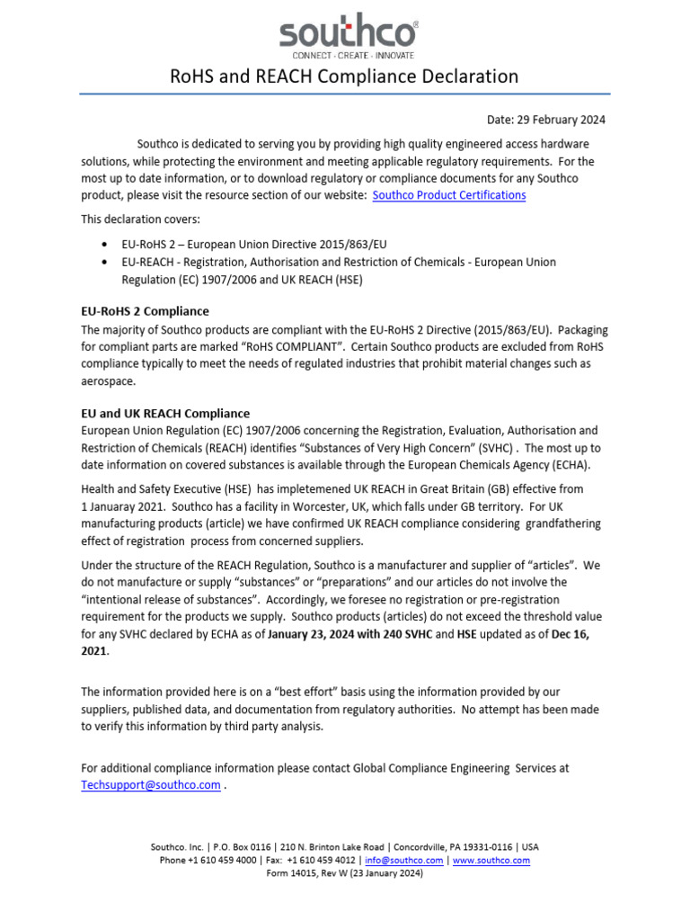 Form 14015 - RoHS and REACH Compliance Declaration - Rev-W | PDF ...