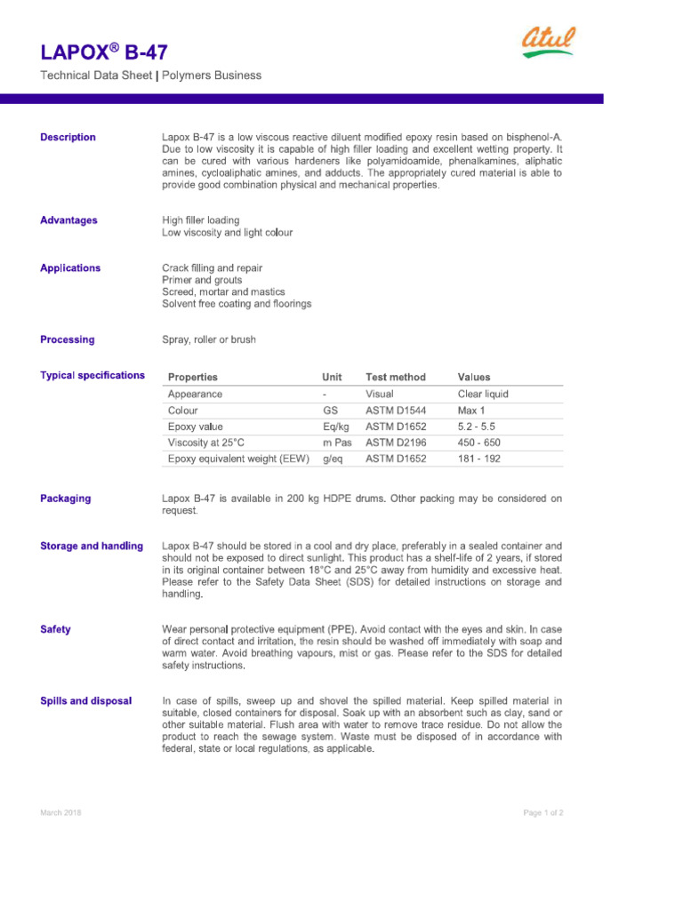 Epoxy Resin Lapox B-47 Data Sheet | PDF