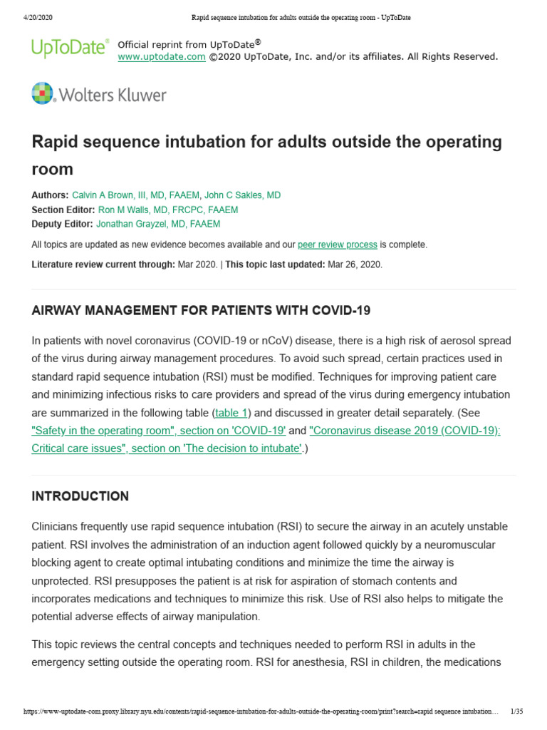 Rapid Sequence Intubation for Adults | PDF | Medical Emergencies ...