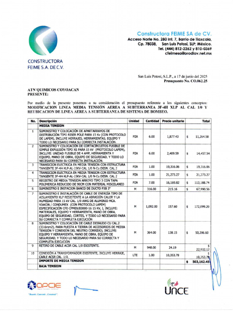 Presupuesto CO.062.25 M.T. Quimicos Coyoacan | PDF