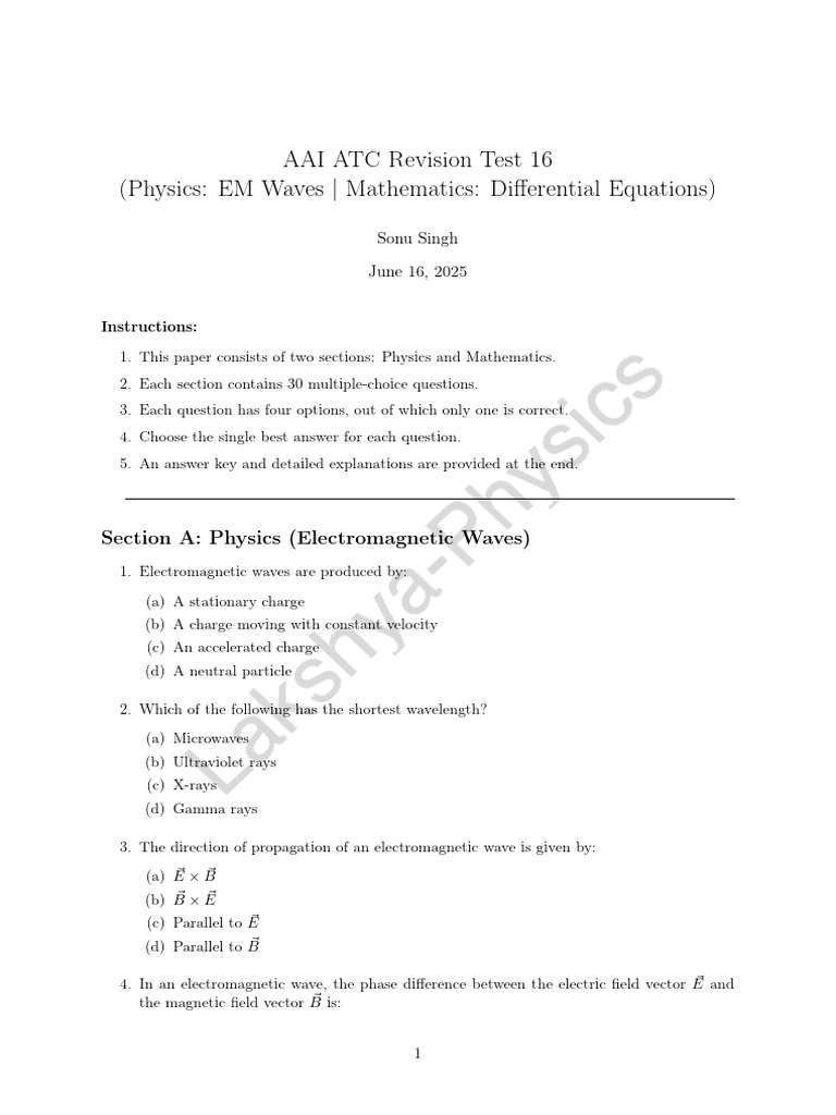 AAI ATC Revision Test: Physics & Math | PDF | Electromagnetic Radiation ...