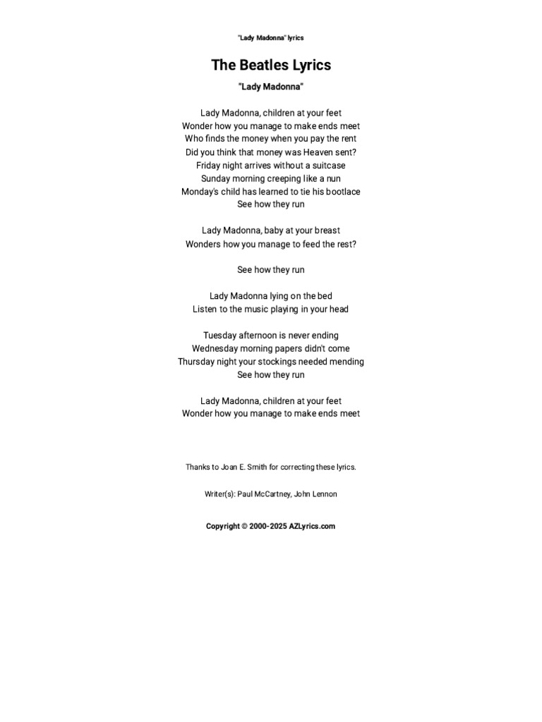The Beatles - Lady Madonna Lyrics | PDF