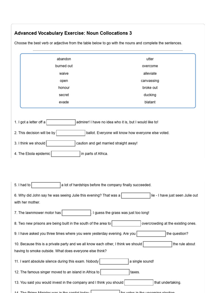 Noun Collocations Vocabulary Exercise | PDF