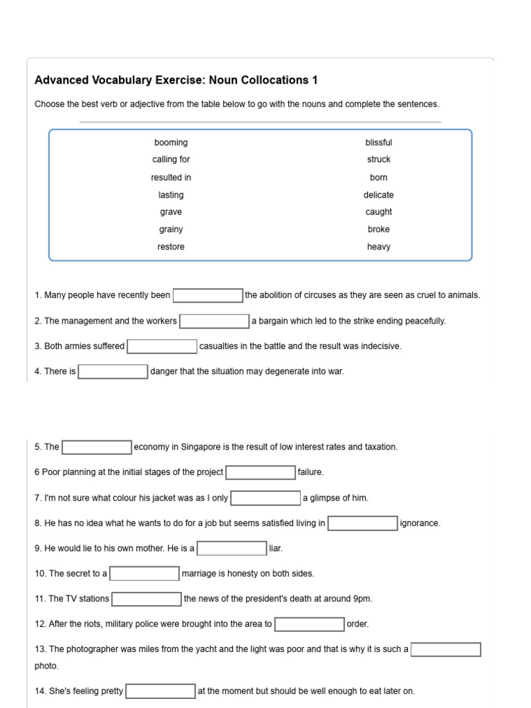 Advanced Vocabulary Exercise - Noun Collocations 1 | PDF
