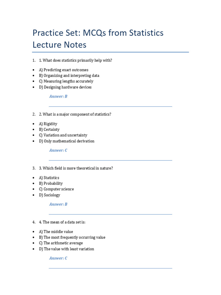 Statistics MCQs Practice Set | PDF | Multiplication | Mean