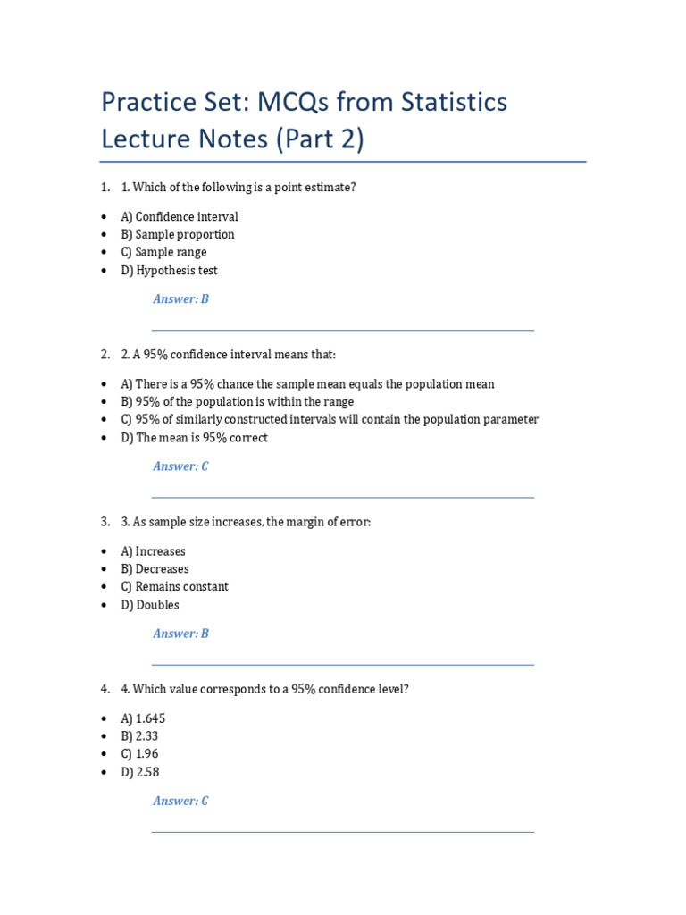 Practice Set Statistics Inference MCQs | PDF | Confidence Interval | P ...