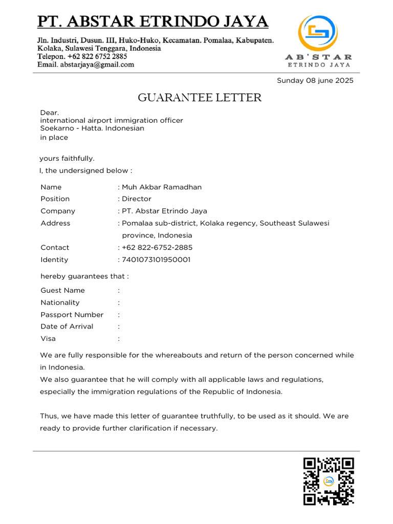 Visa Guarantee Letter for Indonesia | PDF