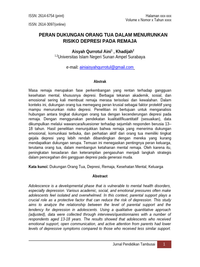 Peran Dukungan Orang Tua Dalam Menurunkan Risiko Depresi Pada Remaja | PDF