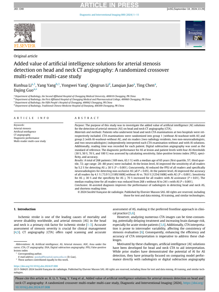 Added Value of Artificial Intelligence Solutions For Arterial Stenosis Detection On Head and ...