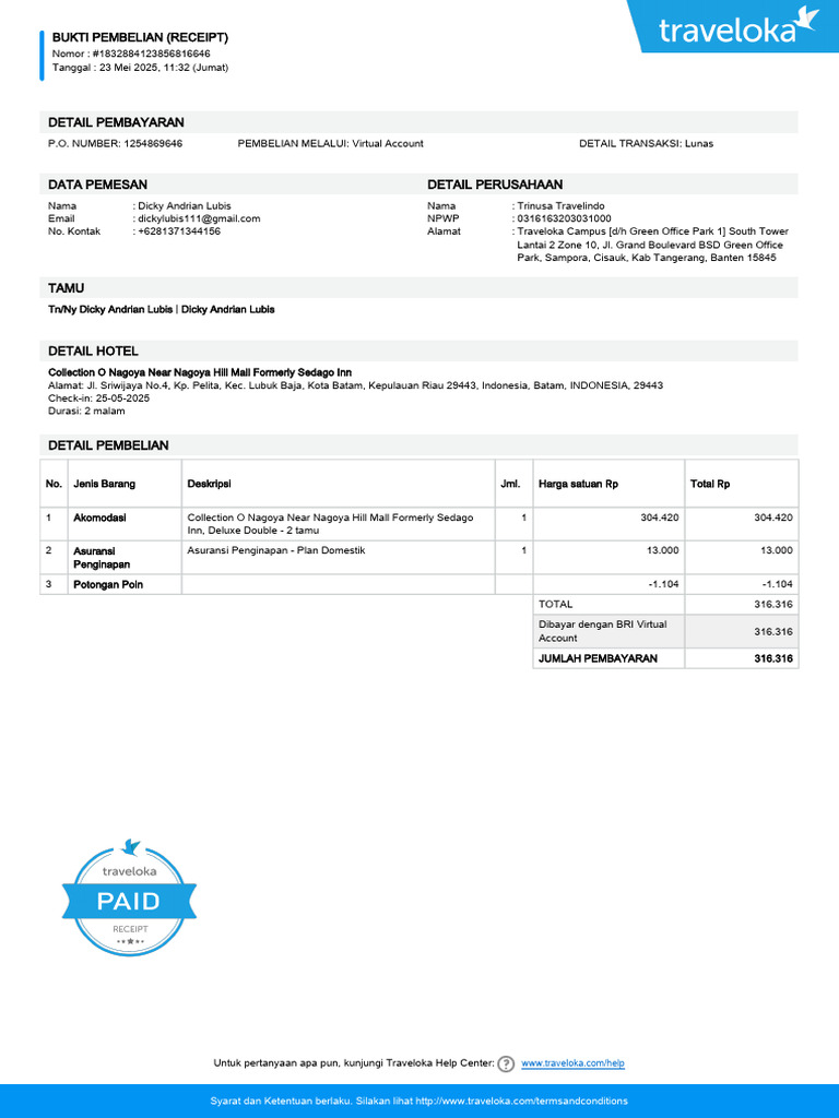Traveloka Hotel Booking Receipt | PDF
