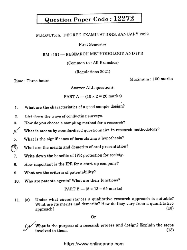 Mtech 1 Sem Research Methodology and Ipr 12272 Jan 2022 | PDF