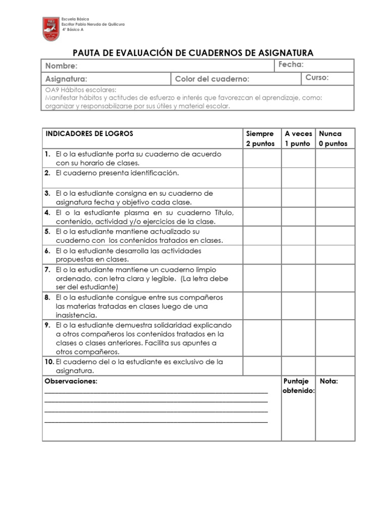 Pauta de Revisión y Evaluación de Cuadernos | PDF