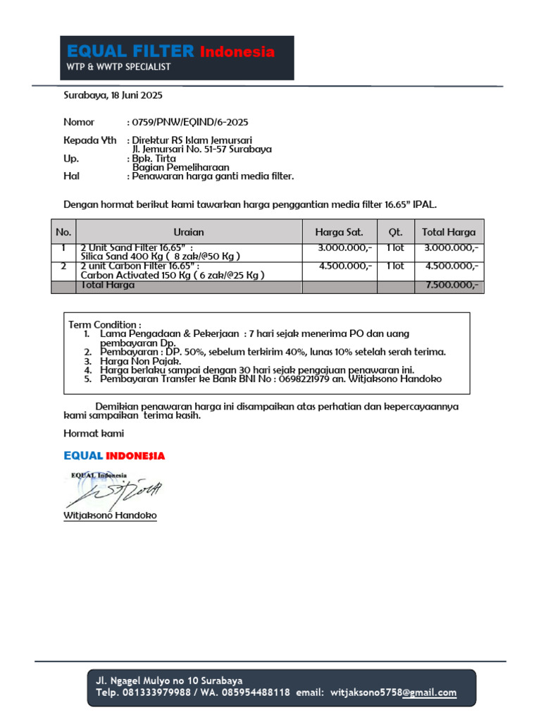 Quot Bp. Tirta RSI 2 Ganti Media Filter IPAL Juni 2025 | PDF