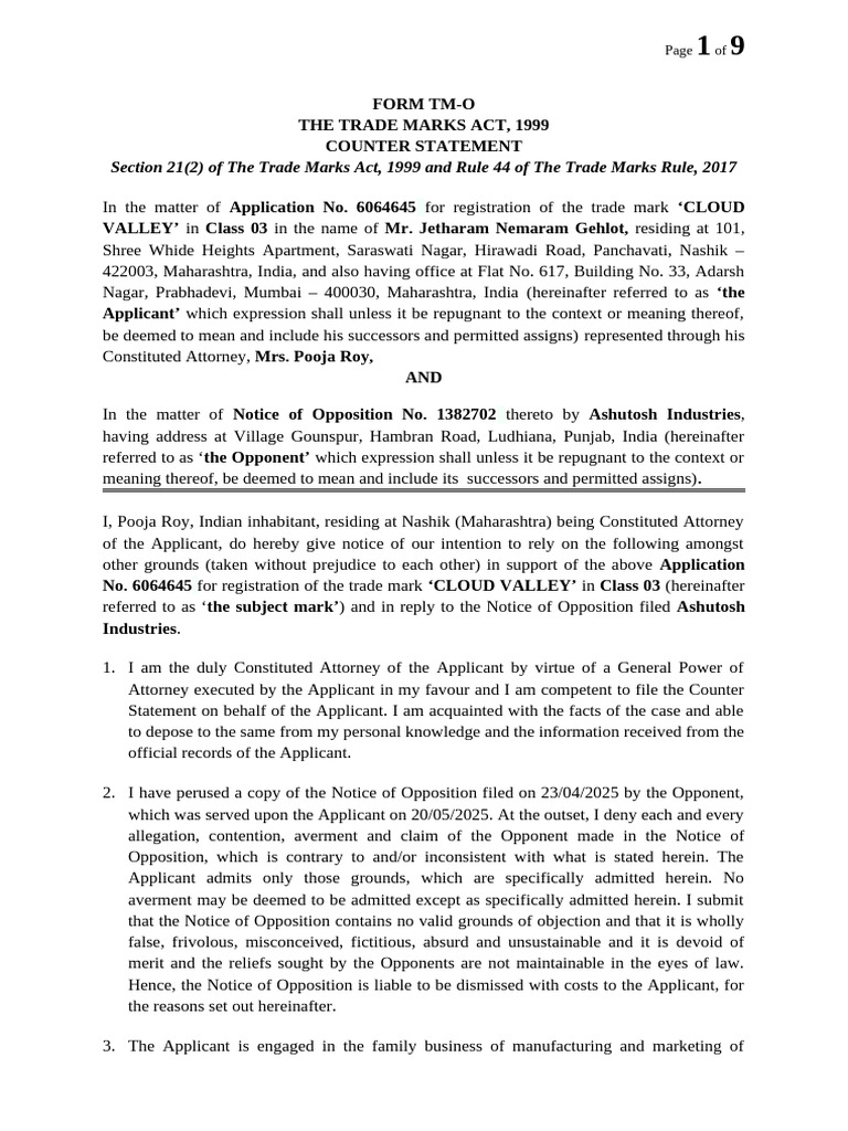 Counter Statement for CLOUD VALLEY Trademark | PDF | Trademark