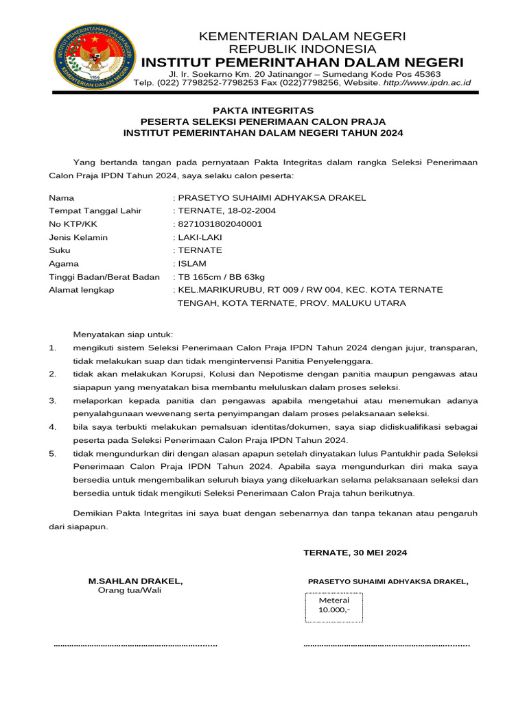 Pakta Integritas Tyo | PDF