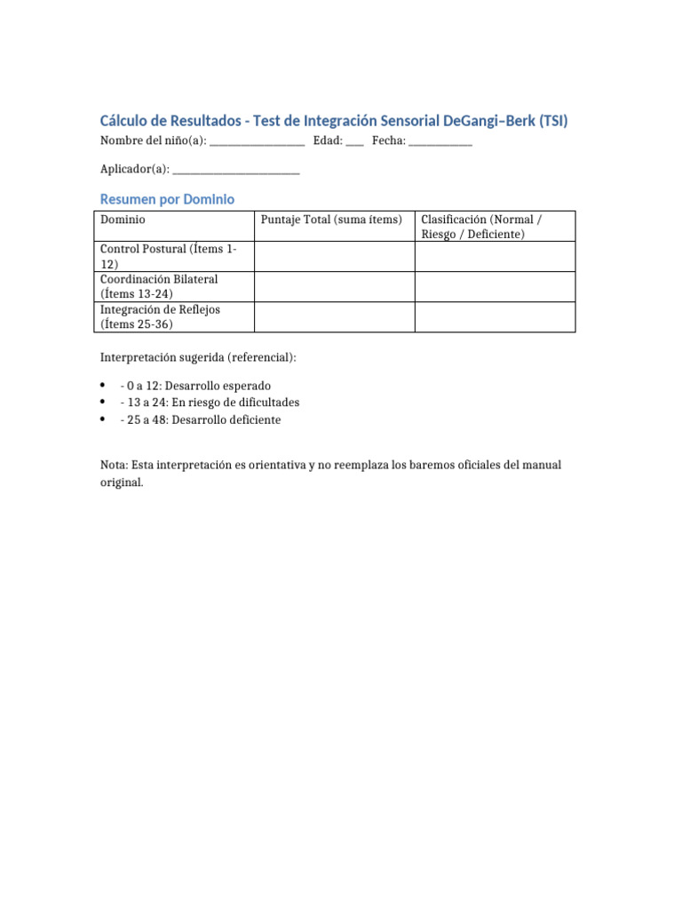 Resultados Test DeGangi–Berk TSI | PDF