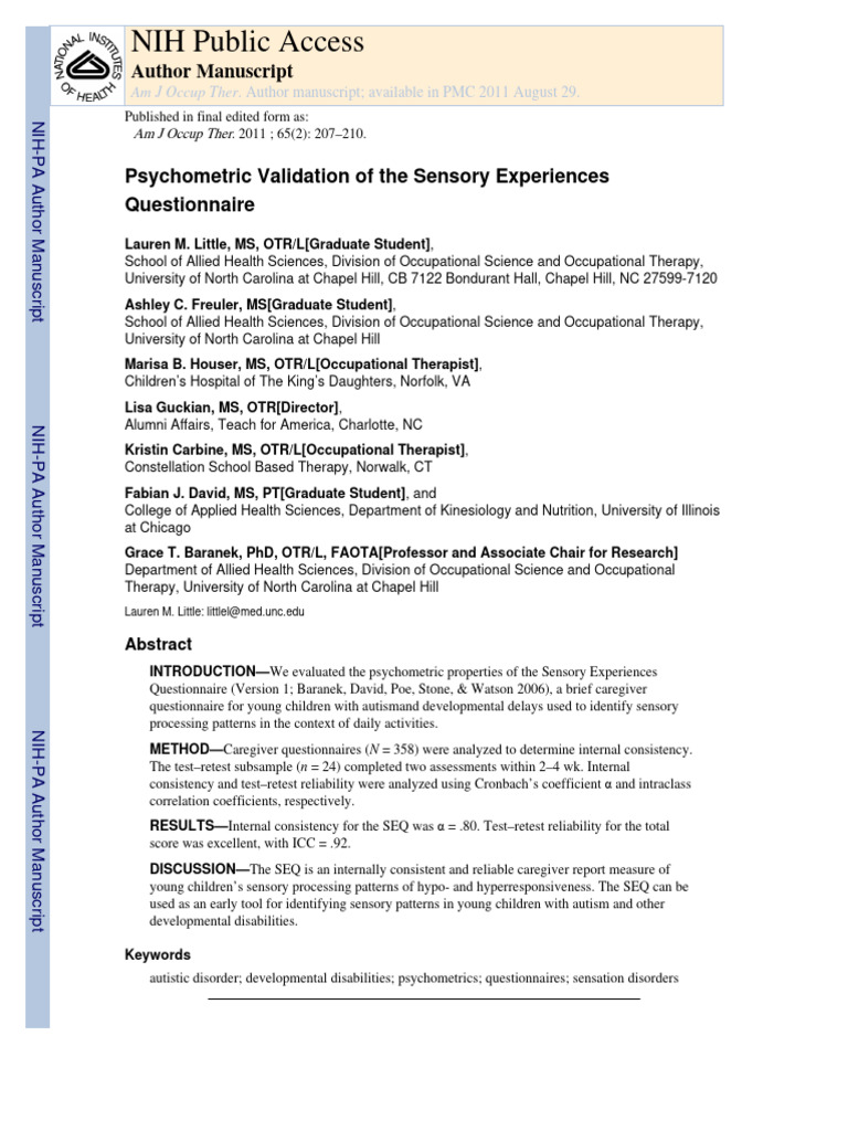 Psychometric Validation of The Sensory E | PDF | Autism | Psychometrics