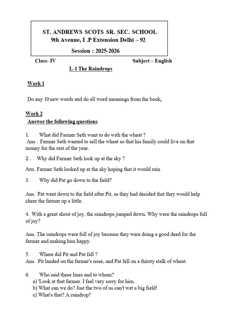 Raindrops Class 4 English Solutions | PDF