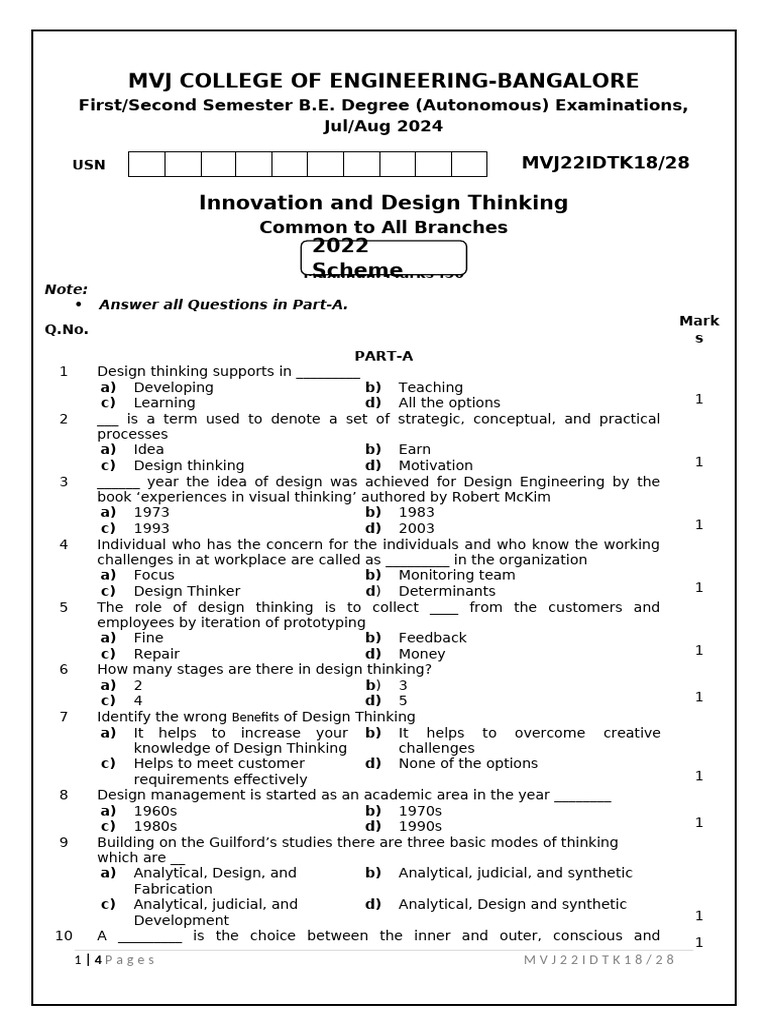 QP Template-For Mcqs - Idt | PDF | Innovation | Design Thinking