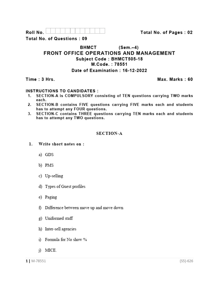 BHMCT 4 Sem Front Office Operations and Management 78551 Dec 2022 | PDF