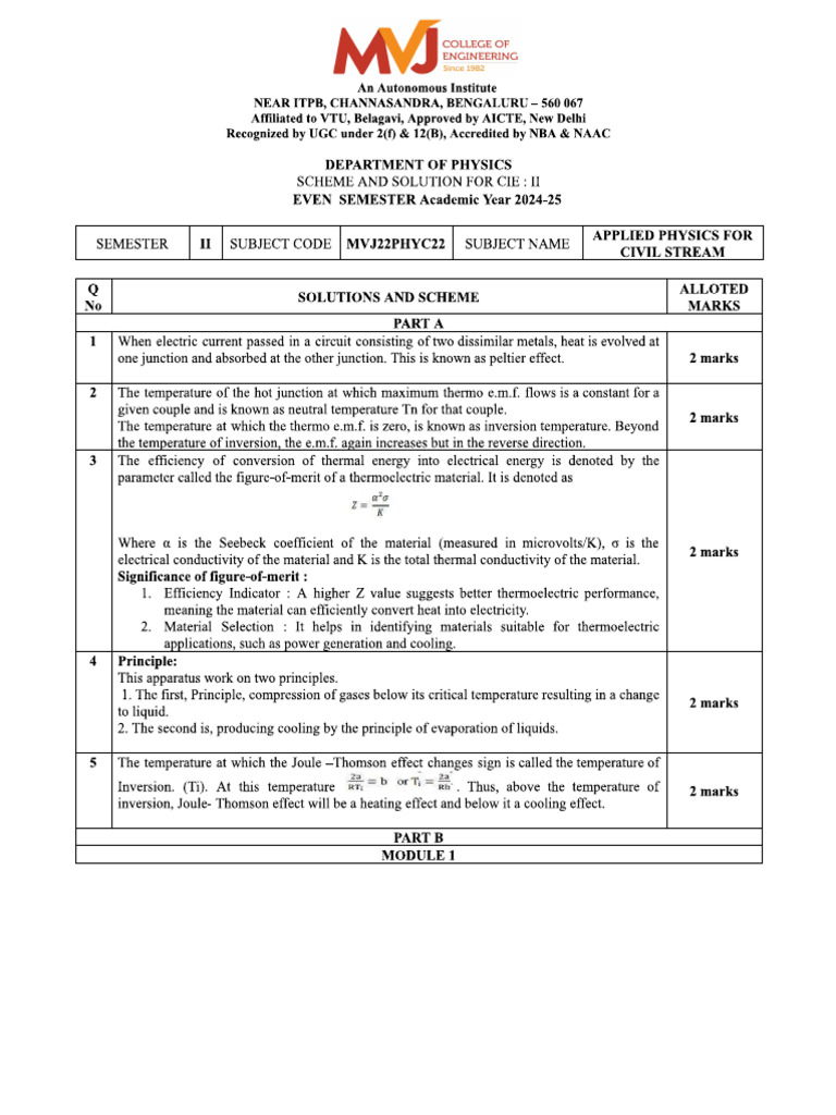 MVJ22PHYC22 - CIE - 2 Scheme of Evaluation | PDF