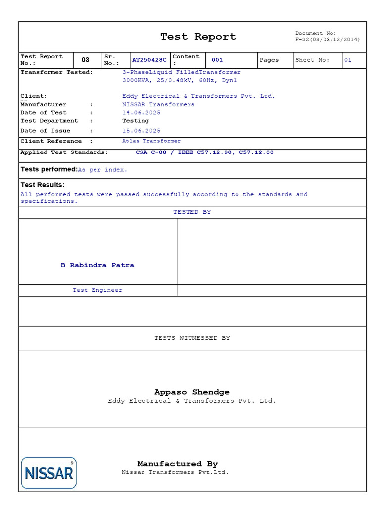 Transformer Testing Report 3000kVA | PDF | Transformer | Insulator ...