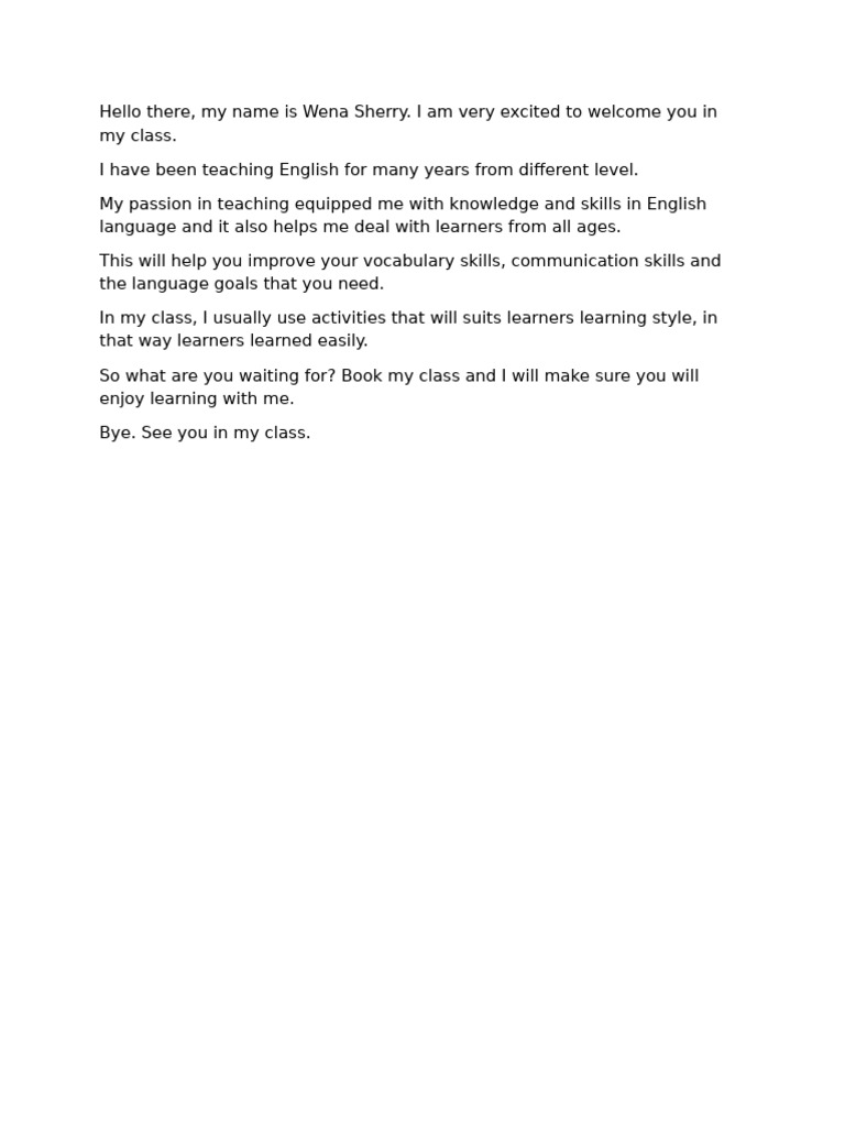 51Talk Self Introduction by Wena Sherry | PDF