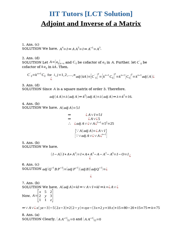 Adjoint and Inverse of A Matrix LCT Solutions | PDF | Chess Openings | Mathematical Objects