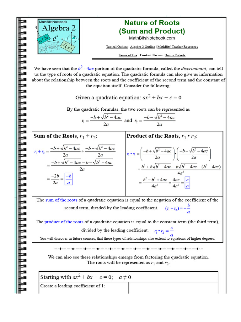 Nature of Roots - Sum and Product - MathBitsNotebook(A2) | PDF | Quadratic Equation | Equations