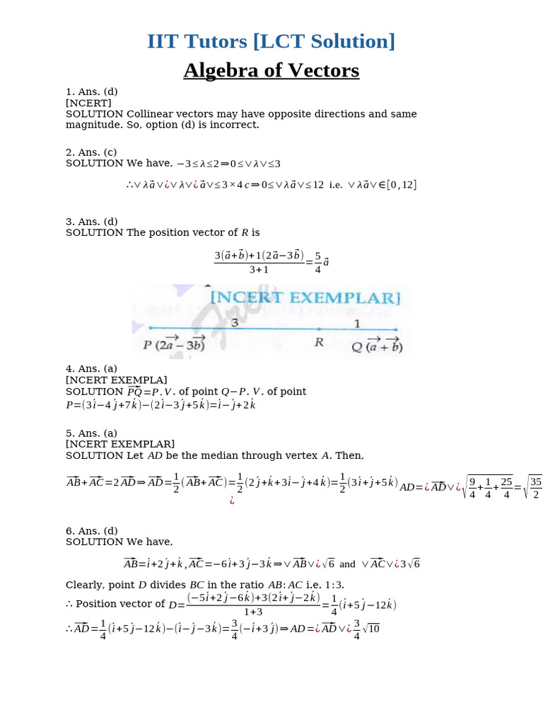 IIT Algebra of Vectors Solutions | PDF | Chess Theory | Chess