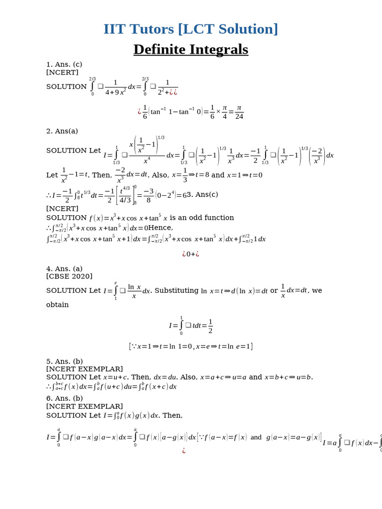 IIT Tutors: Definite Integrals Solutions | PDF | Chess Theory | Chess