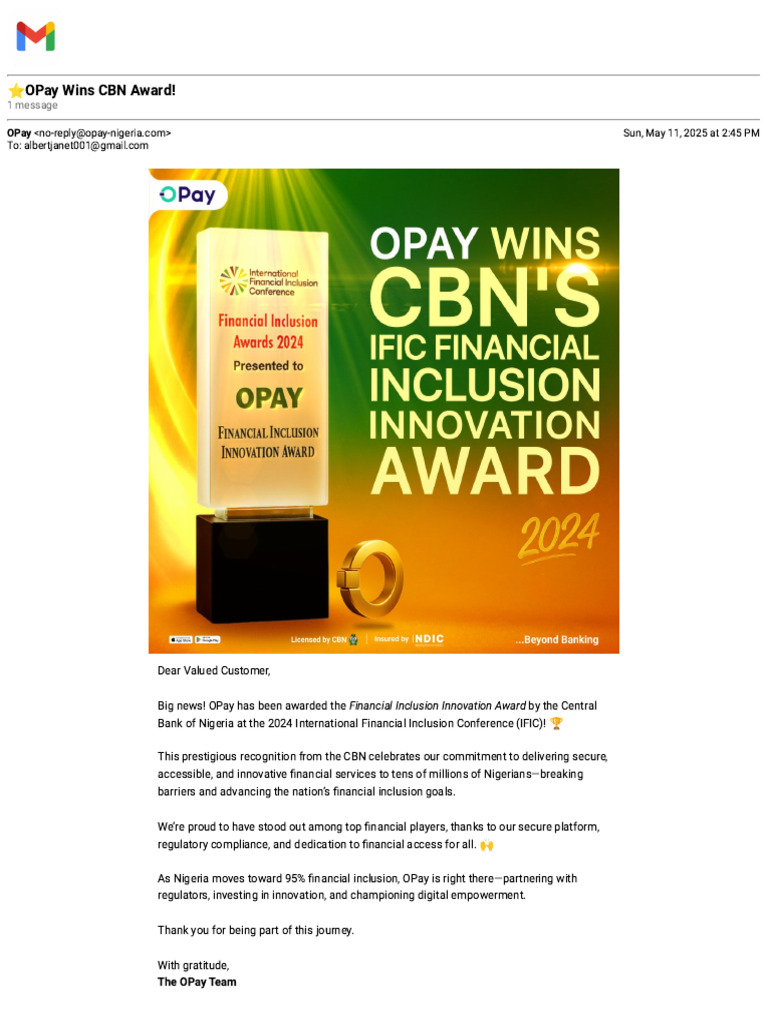 Gmail - OPay Wins CBN Award! | PDF