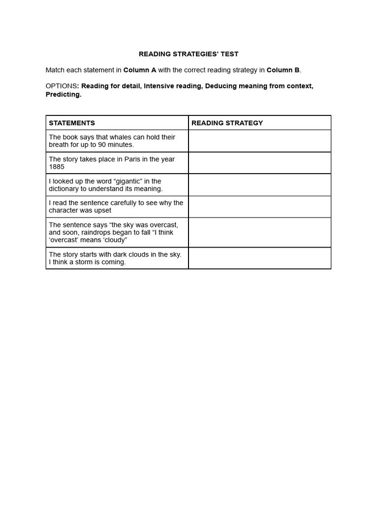 Reading Strategies Matching Test | PDF