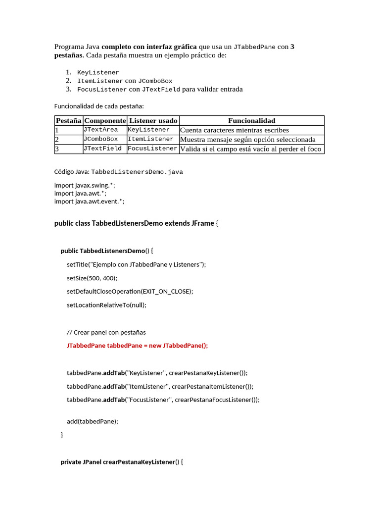 Programa Java Completo Con Interfaz Gráfica Que Usa Un JTabbedPane Con 3 Pestañas | PDF | Java ...