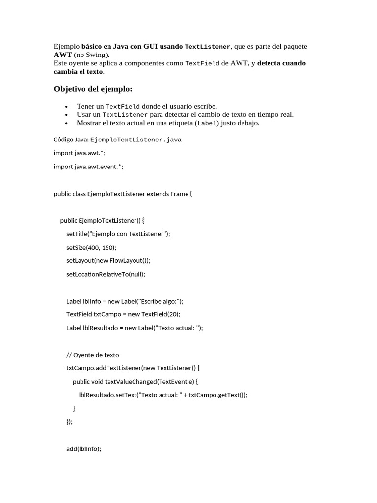 Ejemplo Básico en Java Con GUI Usando TextListener | PDF | Java ...
