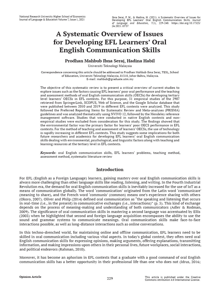 EFL Learners' Oral Communication Skills Issues | PDF | English As A ...