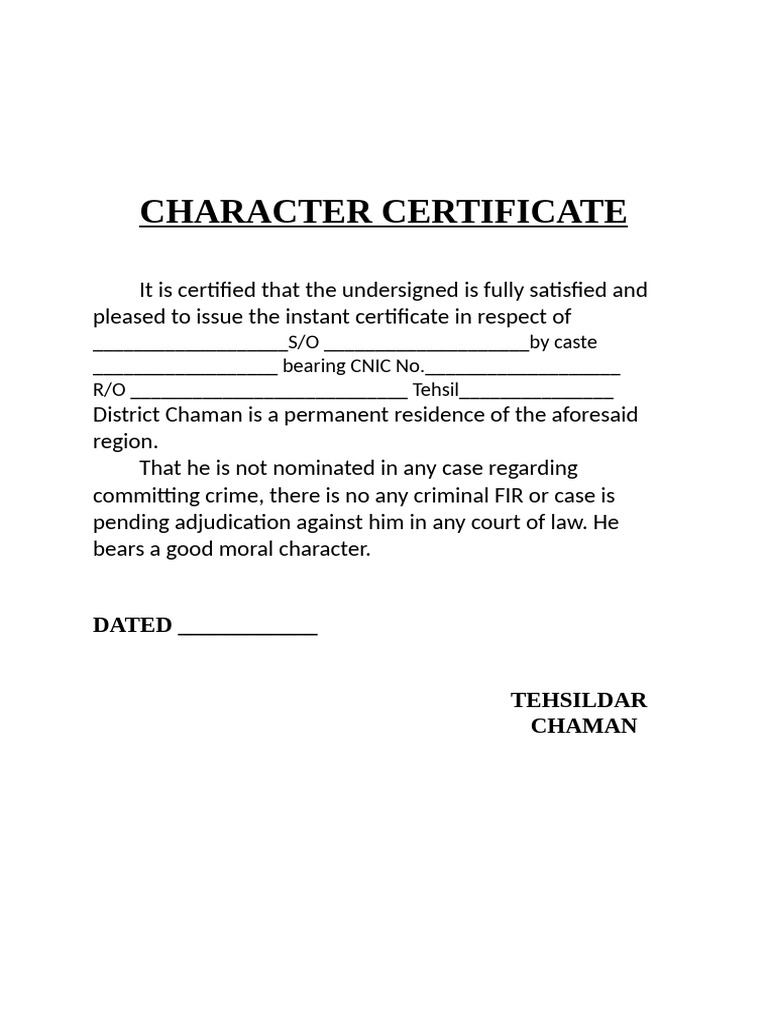 CHARACTER CERTIFICATE For Levies Verification | PDF