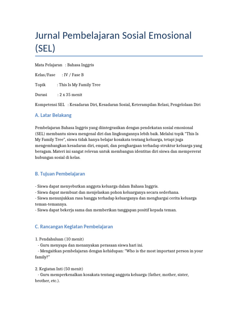 Jurnal SEL Bahasa Inggris Kelas 4 This Is My Family Tree | PDF