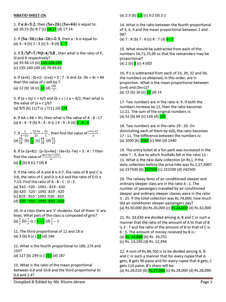 Ratio and Proportion Practice Questions | PDF