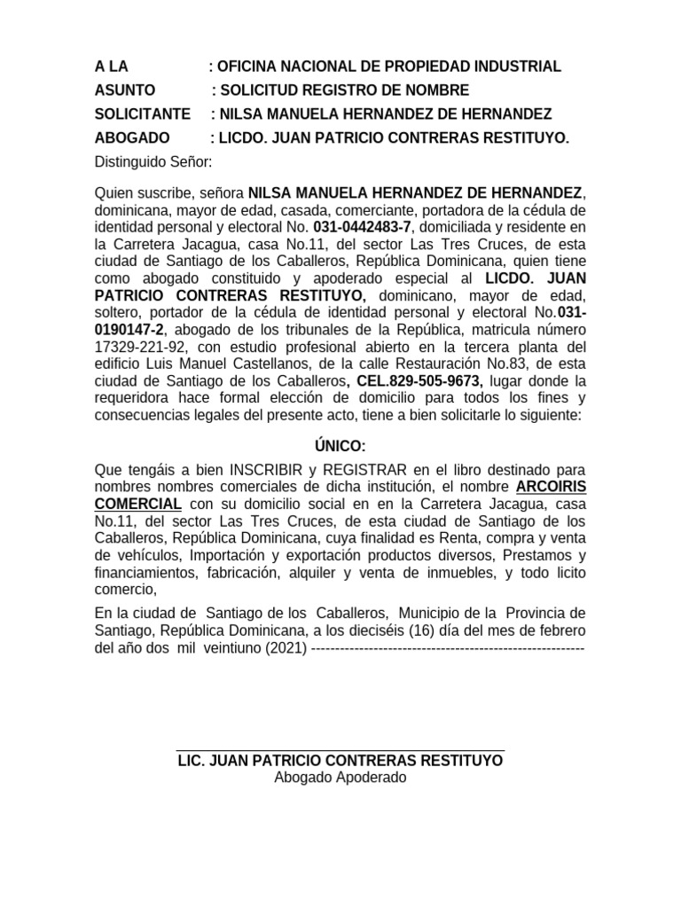 Solicitud Registro Nombre Comercial A Onapi de Nilsa Manuela Hernandez ...